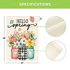 AVOIN colorlife Hello Spring Garden Flag 12x18 Inch Double Sided Outside, Floral Mason Jar Holiday Yard Outdoor Flag