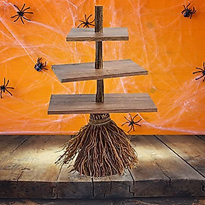 Halloween Broom Wooden 3 Tier Tray Cupcake Server Kitchen Farmhouse Rustic Tiered Tray Decor for Home Table House Room