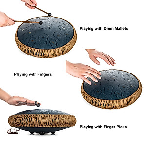 HOPWELL Steel Tongue Drum - 14 Inch 15 Note Tongue Drum - Hand Pan Drum with Music Book, Handpan Drum Mallets and Carry Bag, D Major (Navy Blue)