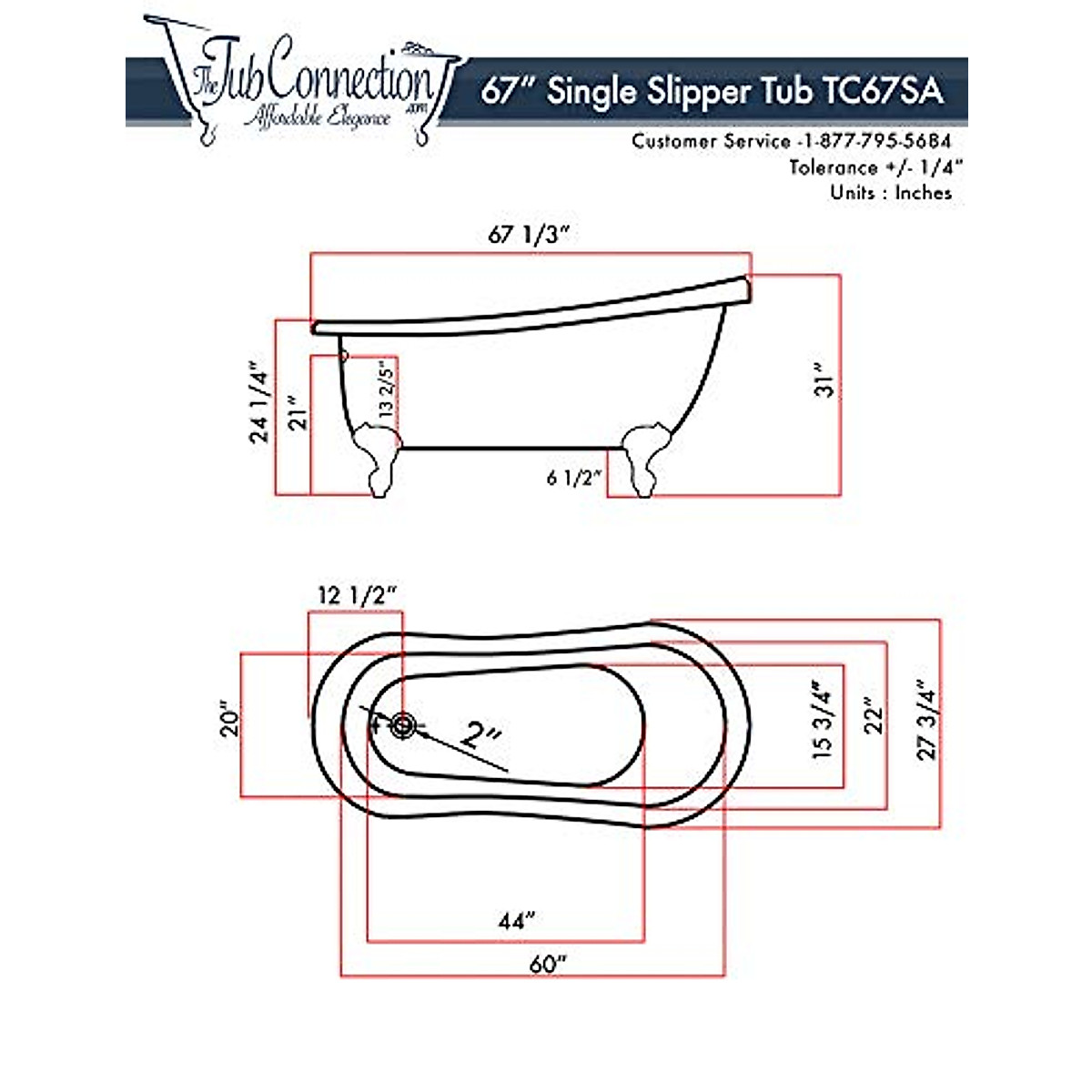 Freestanding 67" Acrylic Slipper Bathtub with NO Faucet Holes & Oil Rubbed Bronze Feet- "Miller"