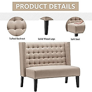 Yongqiang Modern Upholstered Bench with Back Tufted Loveseat Settee for Dining Room Living Room Entryway Sofa Couch Banquette with Wood Legs Khaki