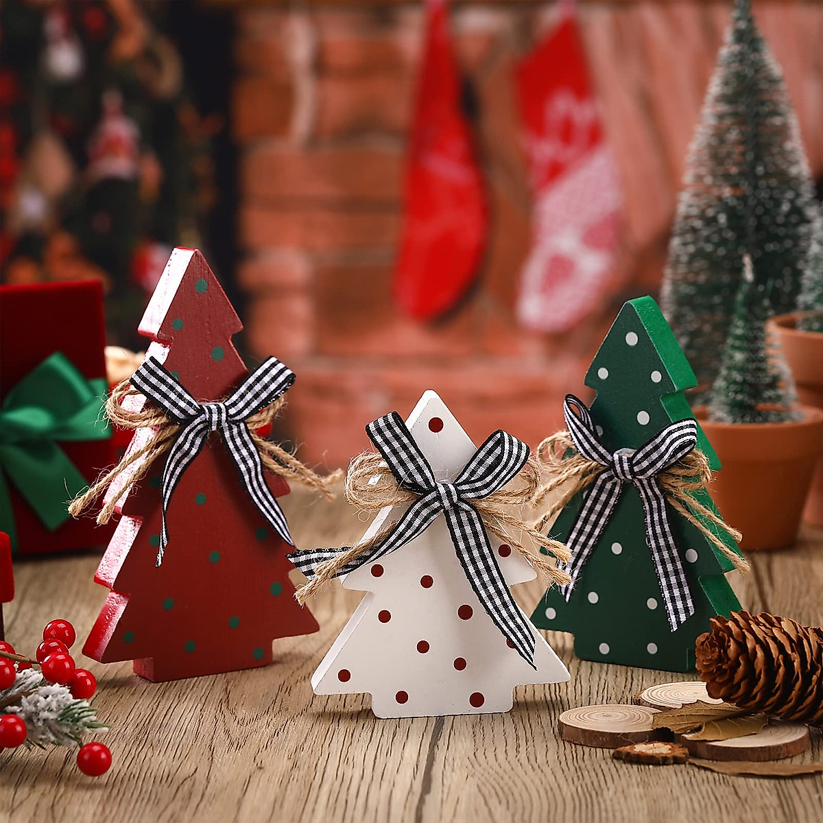 3 Pieces Rustic Wood Table Christmas Trees Centerpiece for Table - Polka Dot Farmhouse Decor