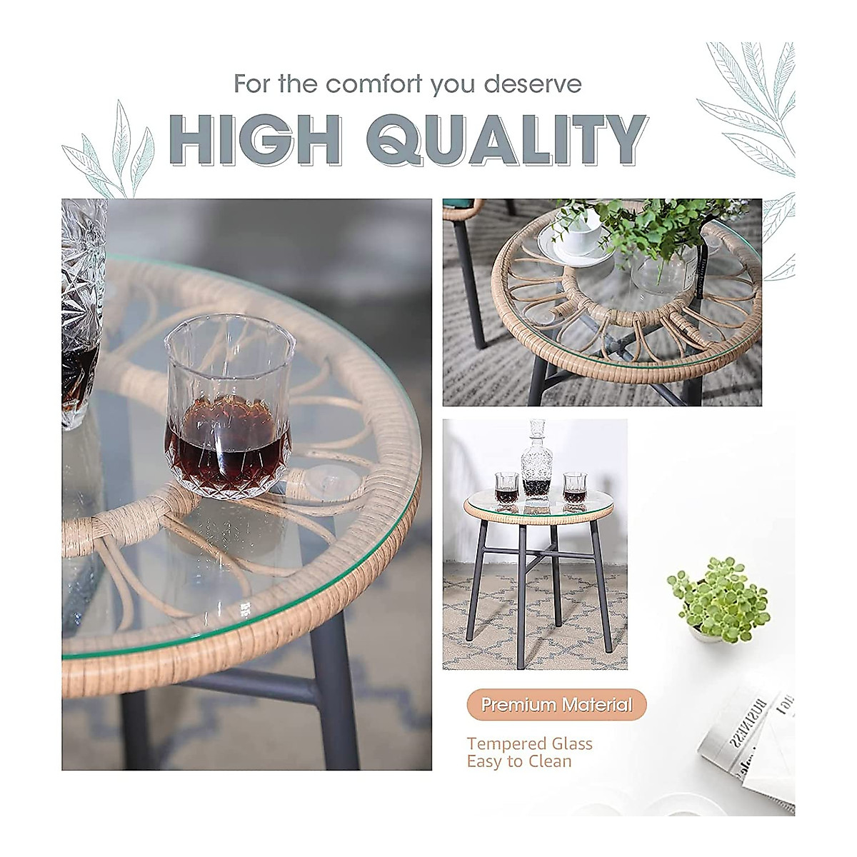 SWISH WEAVERS 3 Piece Patio Bistro Set Outdoor Furniture All-Weather Wicker Conversation Set with Tempered Coffee Table and Wicker Chairs for Garden Balcony Backyard Yard Poolside (Green)