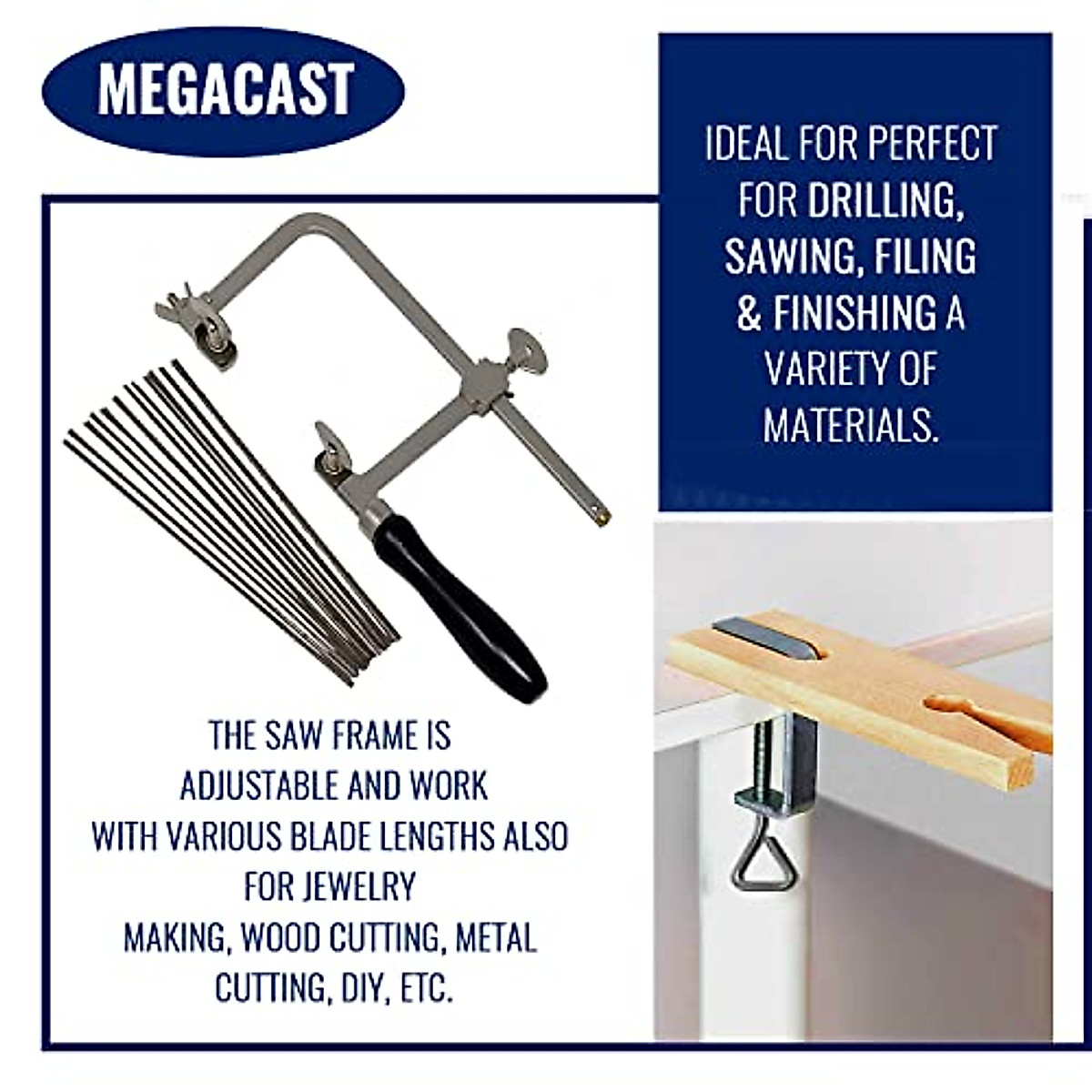 Megacast 3 in 1 Professional Jeweler's Saw Set Saw Frame 144 Blades Wooden Pin Clamp Wood Metal