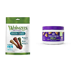 Whimzees by Wellness Brushzees Natural Dental Chews for Dogs, Small Breed, 24 Count + Wellness Digestive Health Soft Chew Dog Supplements, Pumpkin Patch Flavored, 45 Count