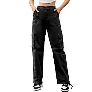 MOYEE Cargo Pants for Women High Waisted and Wide Leg Casual Y2K Pants Baggy Trousers with 7 Pockets(Black, Medium)