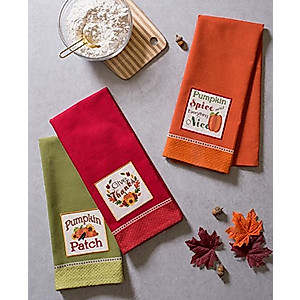 DII Thanksgiving Fall Kitchen Towels Collection Decorative Embellished Dish Towel Set, 18x28", Country Pumpkin, 3 Count