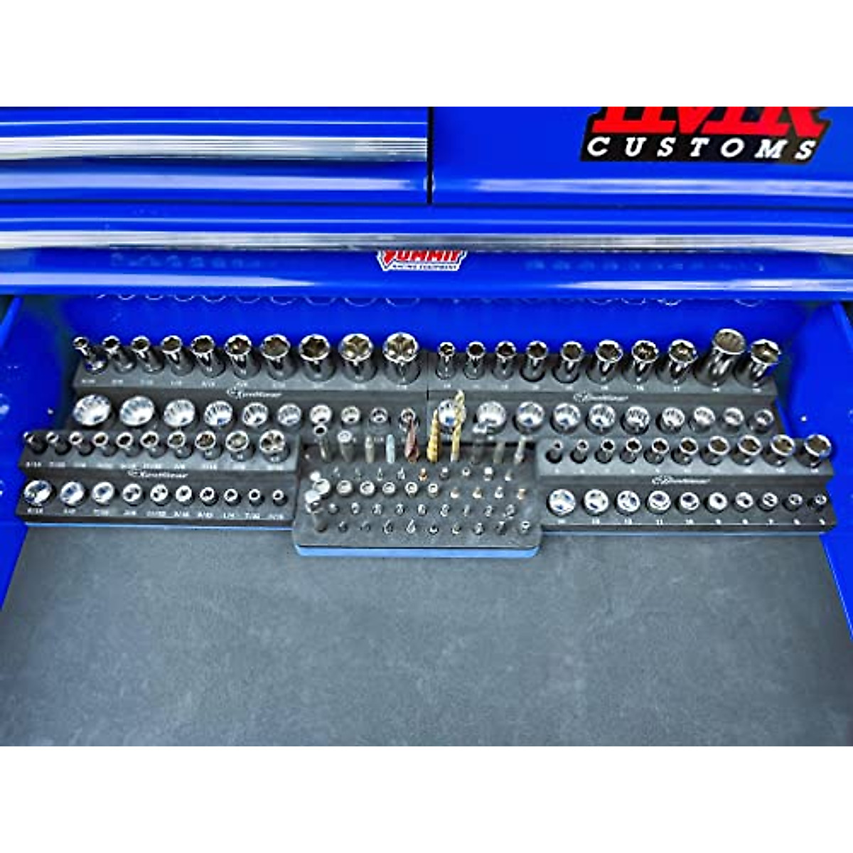 ToolGear Socket Organizer, Easy to Read Size labels, 80 sockets w/added 50 hex bit holder, both deep & standard sockets, metric & standard, 3/8 and 1/4 inch drive socket holder, tool organizer trays