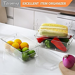 Tasmy Clear Plastic Pantry Organization and Food Storage Bin, Stackable Storage Box with Handle for Refrigerator, Kitchen, Countertops, Cupboard and Freezer Organization, BPA Free, Medium - Set of 6