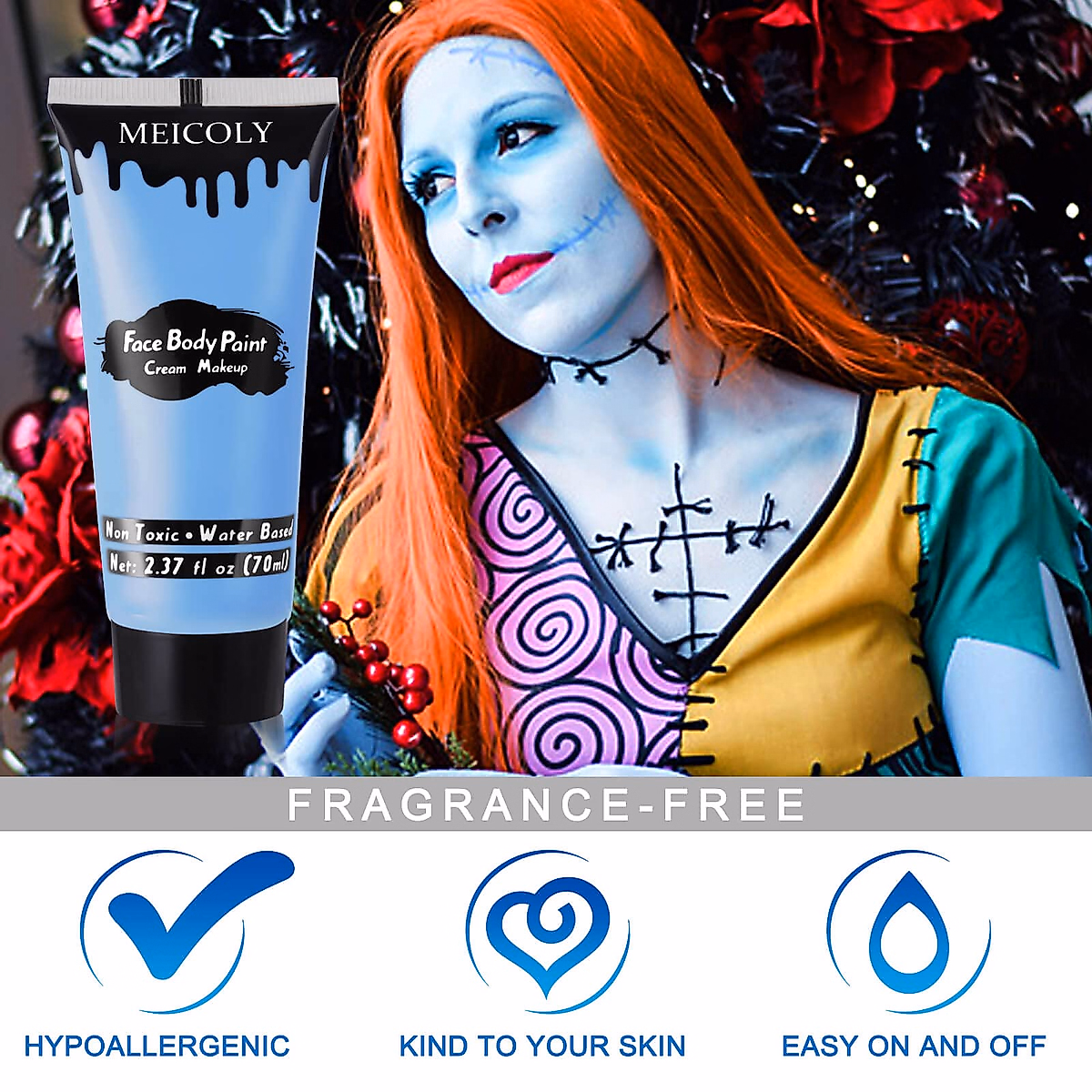 MEICOLY Light Blue Face Body Paint,2.37Oz Large Tube Washable Sky Blue Body Paint for Adult and Kids,Pale Blue Face Paint Sadness for Halloween Corpse Bride Avatar Smurf Sally Christmas Cosplay Makeup