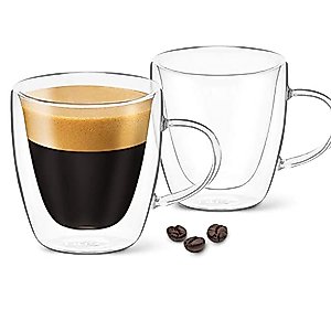 DLux Espresso Coffee Cups 3oz, Double Wall, Clear Glass Set of 2 Glasses with Handles, Insulated Borosilicate Glassware Tea Cup