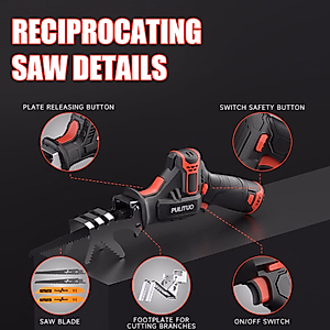 PULITUO Reciprocating Saw Cordless, Power Reciprocating Saws Compact Design，Including 2pcs 2000mAh Li-Ion battery, 1-Hour Fast Charger, Clamp Jaw, 4pcs of Saw Blades for Wood/Metal/PVC