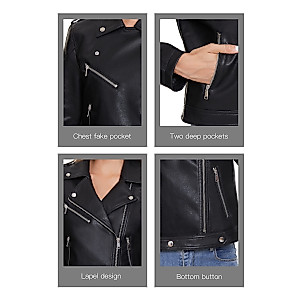 Fahsyee Women's Faux Leather Jackets, Zip Up Motorcycle Short PU Moto Biker Outwear Fitted Slim Coat Black Size L