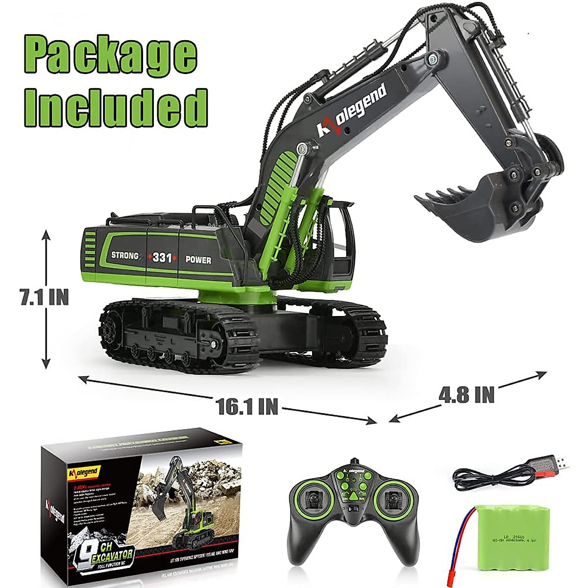 kolegend 11 Channel Remote Control Excavator Toy Truck, 1/18 Scale RC Toys Excavator Construction Vehicles for Boys Girls Kids RC Tractor with Lights Rechargeable Battery