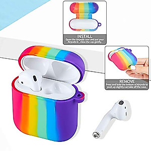 V-liams Airpods Case, Rainbow Silicone Soft Protective Case with Keychain, Earphone Storage Case, Rainbow Silicone Earphone Anti-Lost Lanyard for Airpods 2&1