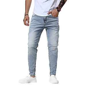 Mens Jeans Slim Fit Light Blue Distressed Skinny Jeans for Men Buckle Tapered Denim Jeans Stretch Fit Long Jean Pants