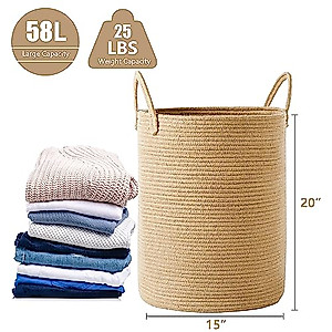 MOJOSCEND Jute Laundry Hamper Basket, 15Dx20H inches Tall Woven Rope Storage Basket for Blanket, Large Clothes Hamper for Bedroom, Baby Nursery Kids Laundry Basket Organizer