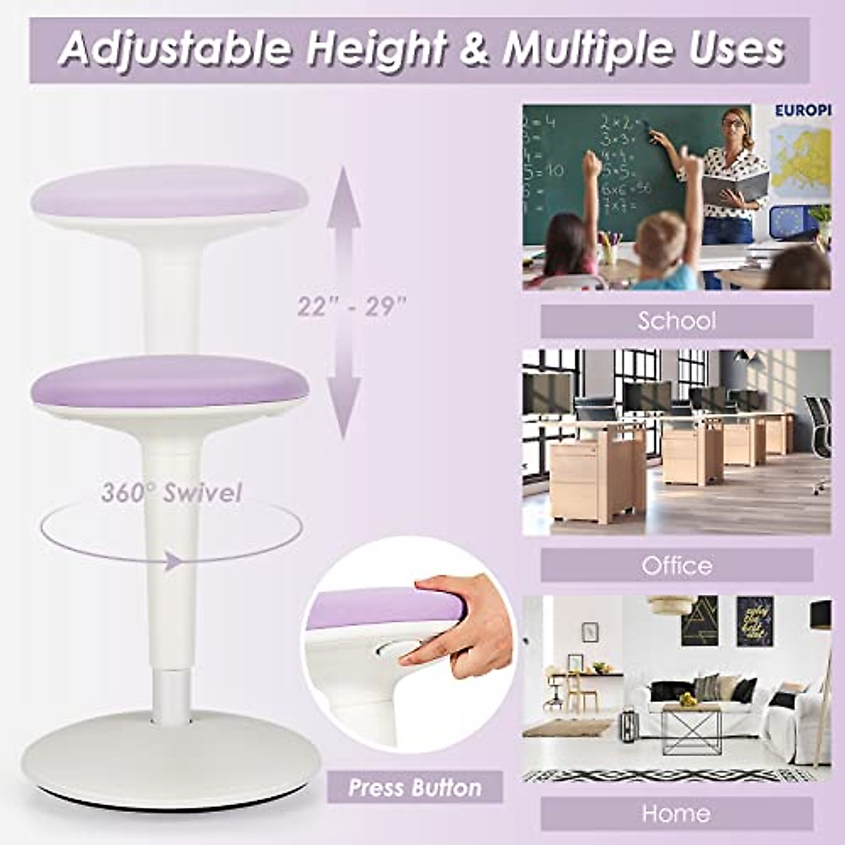 Giantex Wobble Stool Height-Adjustable Standing Desk Stool W/Swivel, Tilt Motion, Premium Airlift, Wiggle Chair for Flexible Seating, for Junior, Home, Office, School Active Chair (Violet+White)