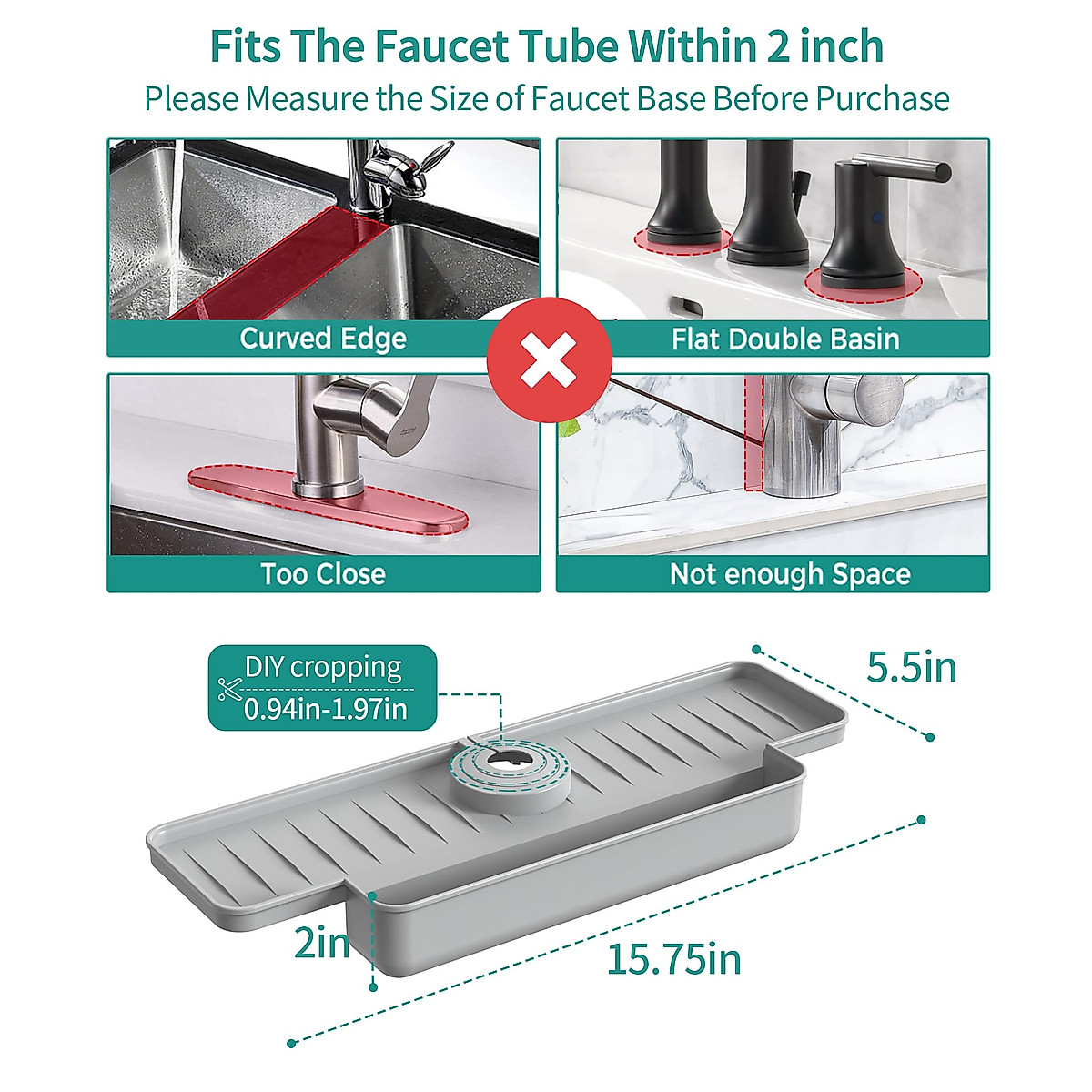 Silicone Faucet Splash Guard Kitchen Sink Splash Guard Upgraded Faucet Water Catcher Tray - 15.75” x 5.5''x2” - Sink Sponge Holder for Kitchen, Bathroom(Grey)