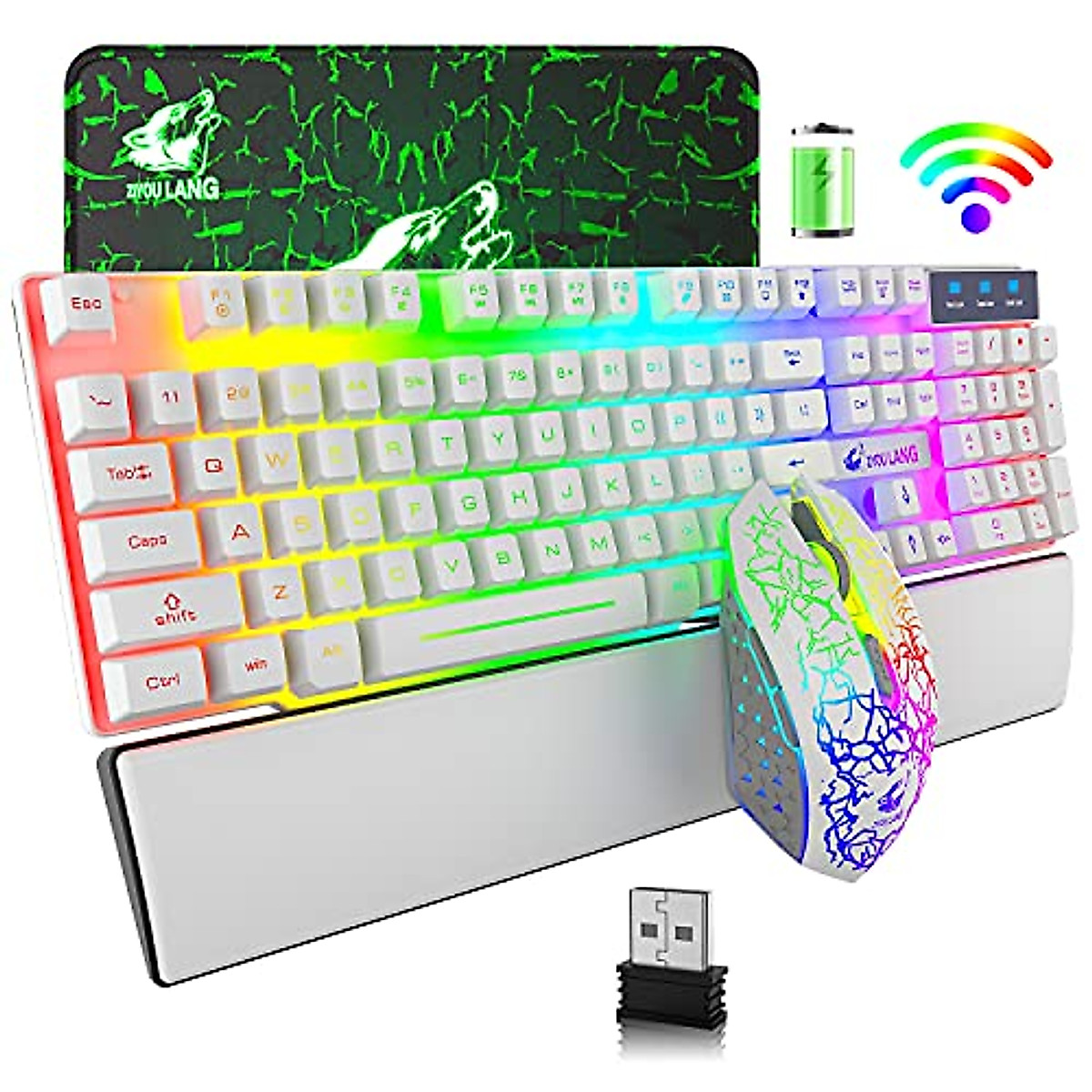 Rechargeable Wireless Keyboard and Mouse Combo with Wrist Rest Rainbow Backlight Mechanical Feel Gaming Keyboard RGB Crack Gamer Mouse Large Mice Pad for Windows PC and Desktop