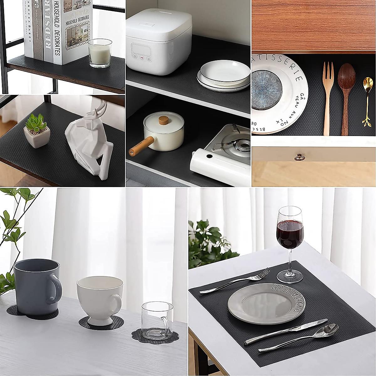 Dispoplanet Kitchen Shelf Liner Drawer Liners, 17.7''x78.7'' Non-Adhesive Drawer Liner, Washable Fridge Mats Pantry Liner for Shelves, Drawers, Cupboard Black