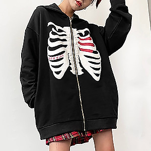 zhuiming Skeleton Zip Up Hoodie for Women Y2k Oversized Skull Graphic Zipper Hooded Jackets Sweatshirts Tops Cute Stuff for Teen Girls Alt Clothing Indie Aesthetic Fairy Grunge Emo Preppy Clothes