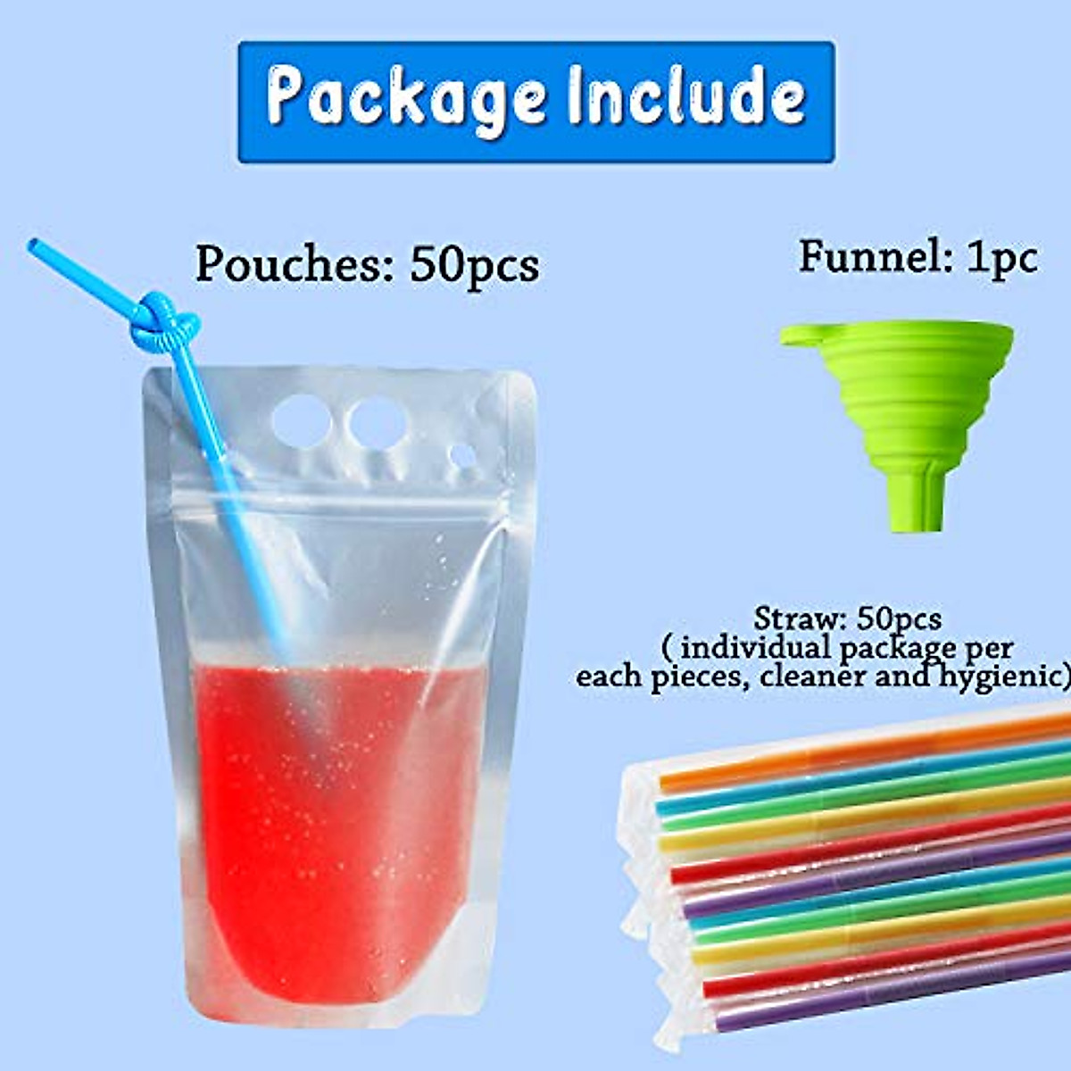 Leesgel Drink Pouches Container for Adults with Straws of Individually Wrapped & Funnel, Upgraded Anti-Leaked Stand-up Reusable Smoothie Bags for Cold & Hot Drinks, Juice, Smoothie