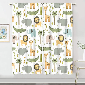 MESHELLY Kids Safari Curtains 42W X 63H Inch Rod Pocket Cute Cartoon Animals Baby Boy Nursery Bedroom Decor Woodland Jungle Lion Elephant Curtains for Children Living Room Window Drapes Fabric