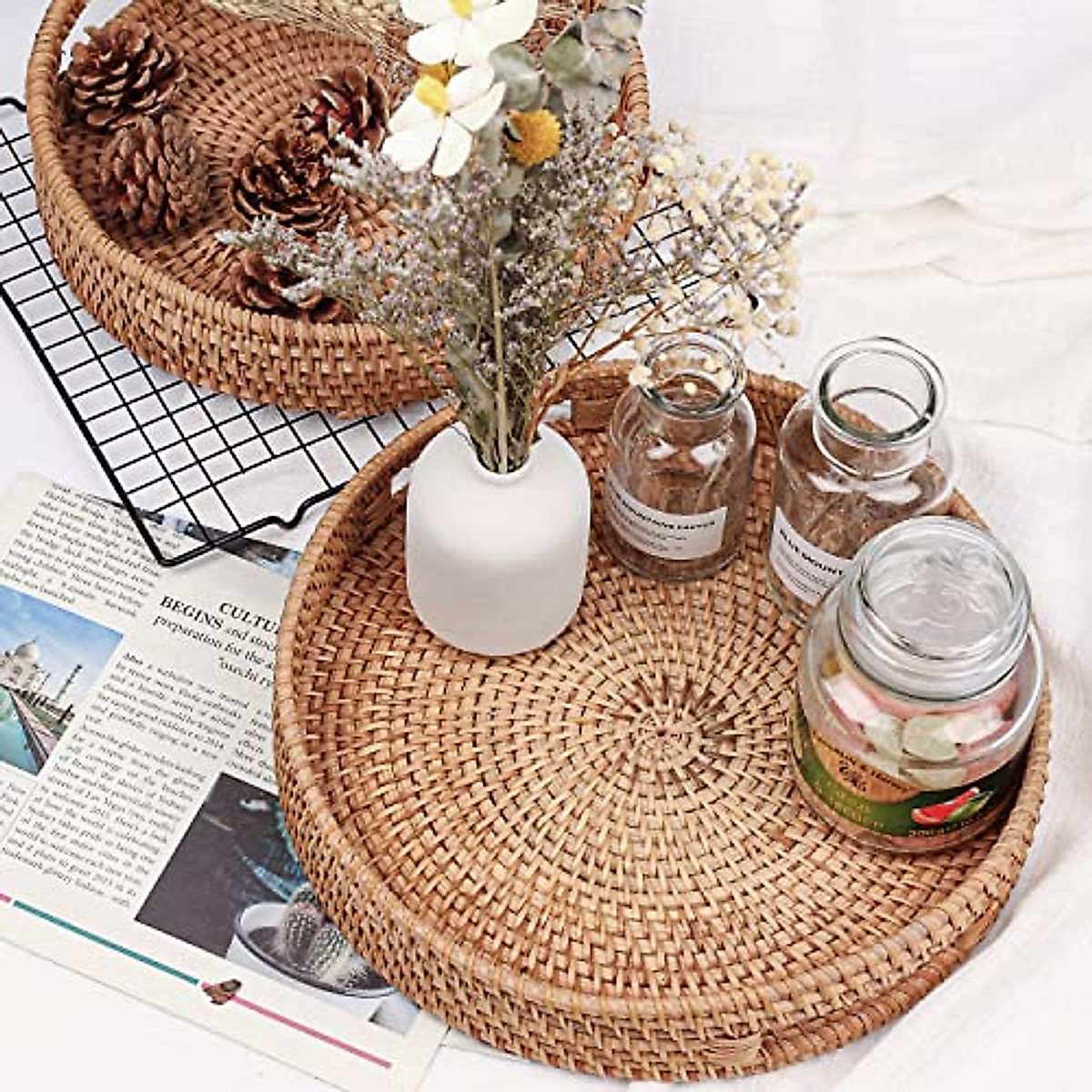 Rattan Round Serving Tray with Handles Large Hand Woven Wicker Basket Tray for Food,Dinner,Breakfast,Coffee Table,Ottoman (Set of 2)