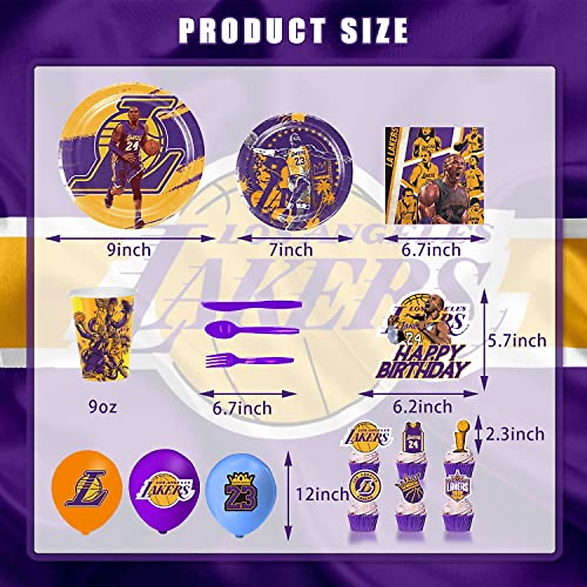 Lakers 24 Birthday Party Supplies for Men Boys Adults Kobe Bryant and Lebron James Basketball Game Theme Party Decorations Including Plates and Cups Tablecloth Backdrop Cake Toppers Backdrop