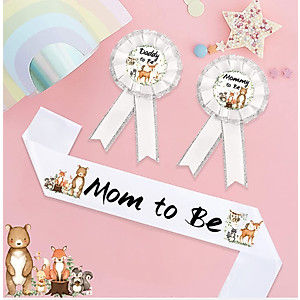 AICHENGZI Woodland Creatures Baby Shower Sash Mom to Be & Daddy To Be Corsage Party Decorations