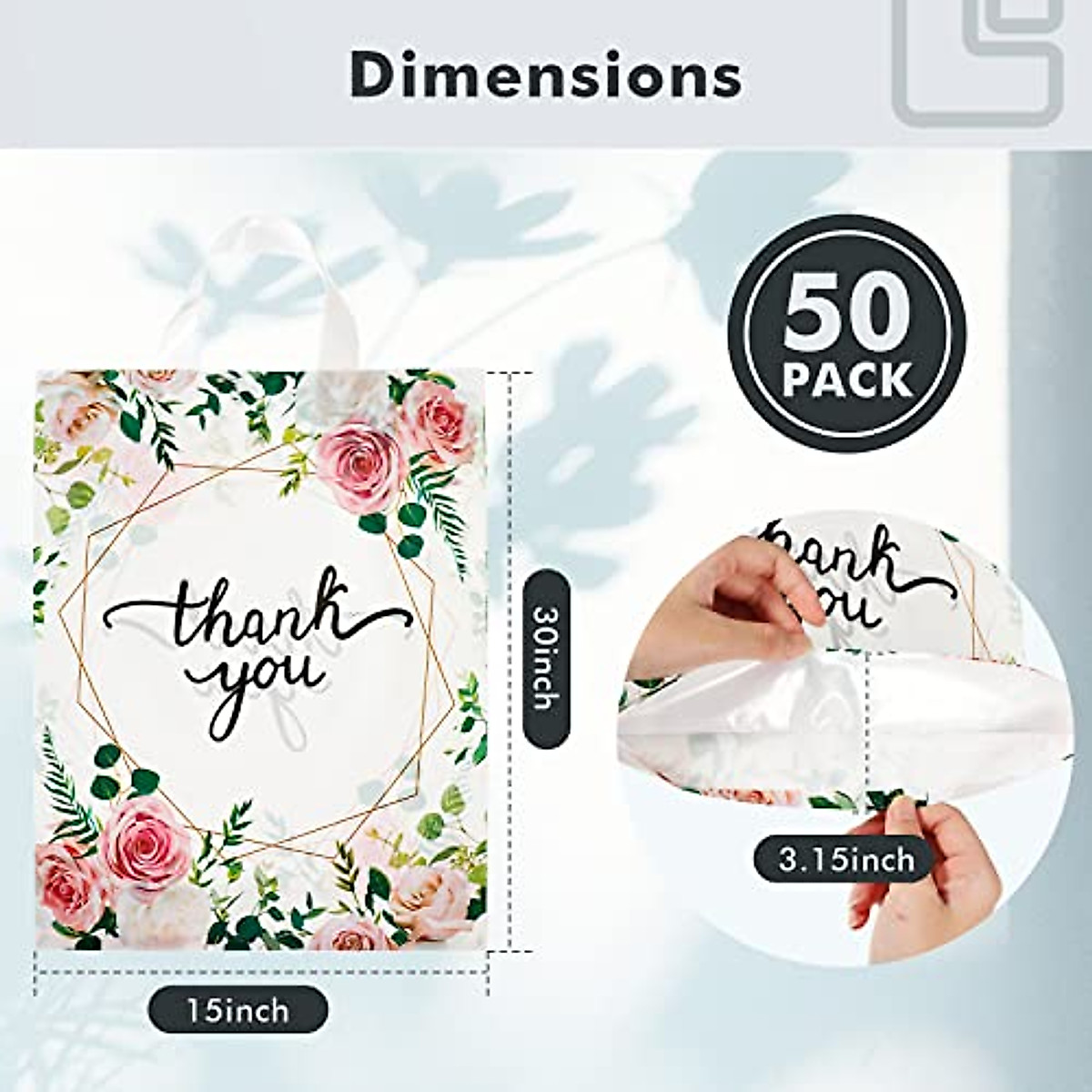 Frienda Floral Thank You Gift Bags,12 x 15 Inch Thank You retail Bags,Plastic business bags with Handle for shopping Present Wrapping,2.76 Mil Thick (50 Pieces)