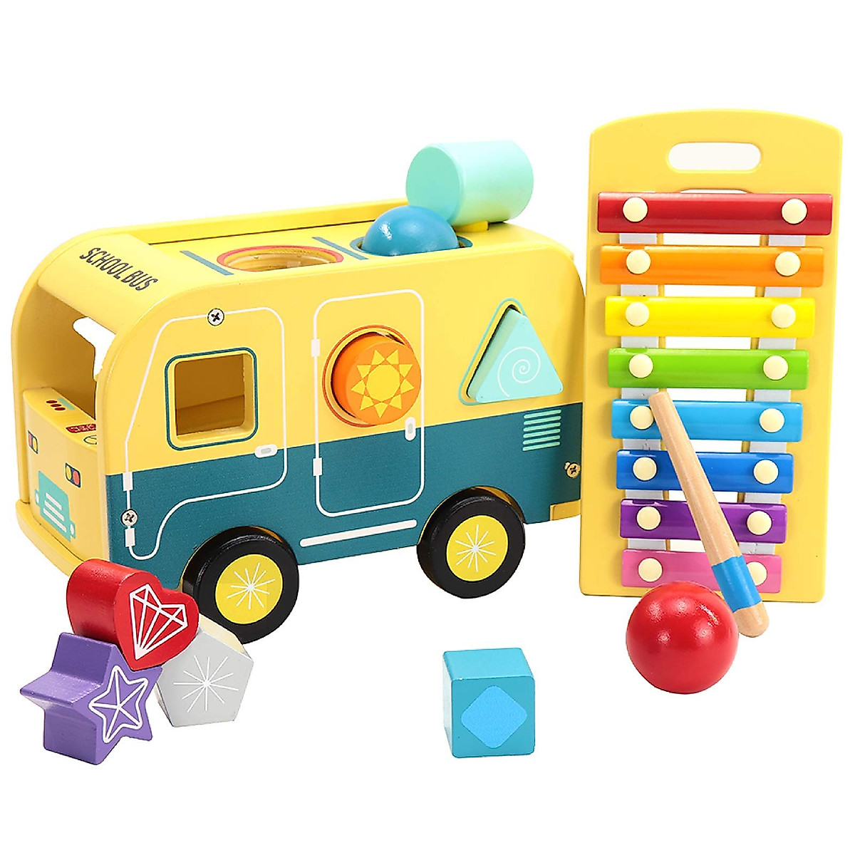Leo & Friends School Bus Pound and Tap Bus Bench - Wooden Toy Bus with Slide Out Xylophone, Durable Musical Pounding Toy, 8 Colorful Blocks, 1 Hammer, and 1 Rainbow Xylophone, Perfect Educational Gift