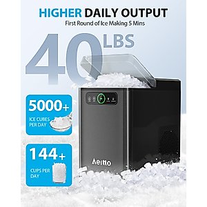 Aeitto Nugget Ice Maker 40Lbs/24H, Countertop Soft Chewable Ice Pebble Ice Machine, One-Click Operation, Auto Self-Cleaning Ice Makers with Scoop&Basket for Home, Office, Kitchen, Party (Black)