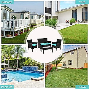 Qxznby 4 Pieces Outdoor Patio Furniture Set,Conversation Sets,Wicker Patio Conversation Furniture Rattan Chair Set with Tempered Glass Coffee Table and Cushion,Porch Poolside Balcony Furniture(Blue)