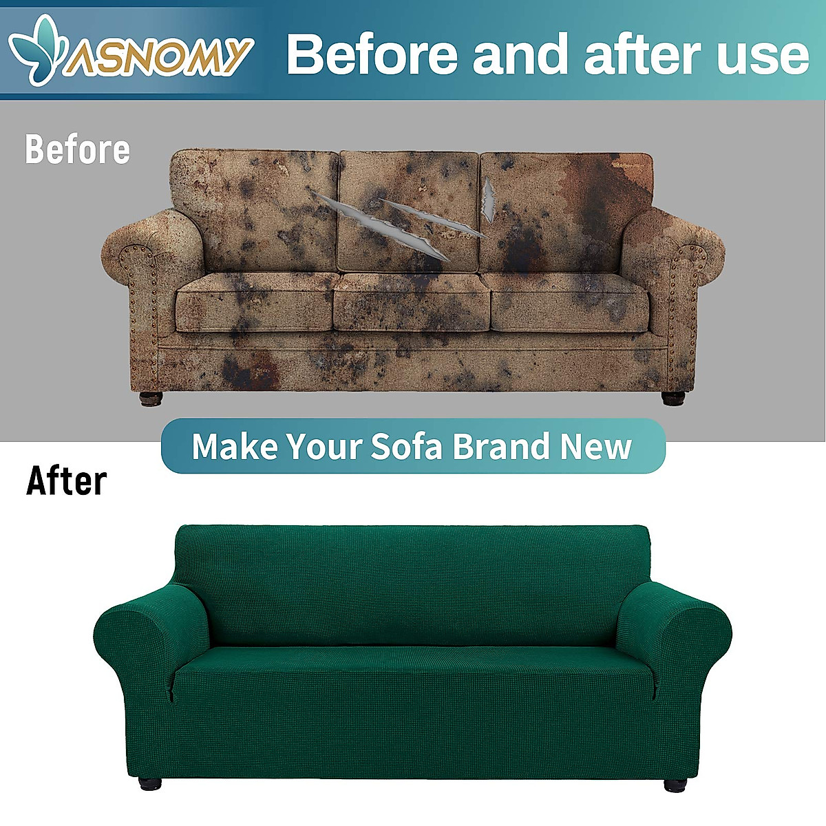 Asnomy Couch Covers for 3 Cushion Couch Stretch Sofa Covers Slipcovers, Pet Protector Furniture Covers for Dogs Cats Spandex Jacquard Fabric Small Checks （Large，Blackish Green）