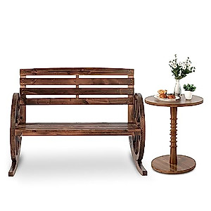 FURNDOOR Outdoor Rocking Chair with Table - Wooden Wagon Wheel Rocking Chairs Patio Double Rocker Chair Wood Patio Bistro Set for Porch Bench, Rustic