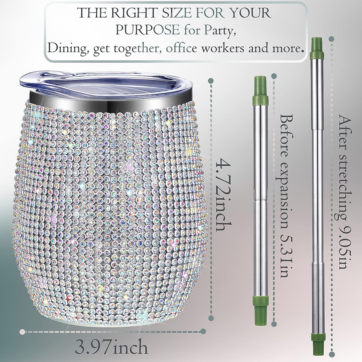 Bling Water Bottle Bling Wine Tumbler Diamond Tumbler Rhinestone for Glitter Wine Glass Tumbler Girls Trip Cups, Straw, Straw Brush and Cup Brush for Wine Coffee Cocktails Champaign (AB Color, 1 Set)