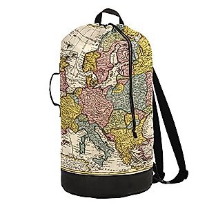 Vintage Retro World Map Laundry Bag Large Heavy Duty Laundry Backpack for College Students Laundry bag with Shoulder Straps Dirty Clothes Organizer for Traveling Waterproof