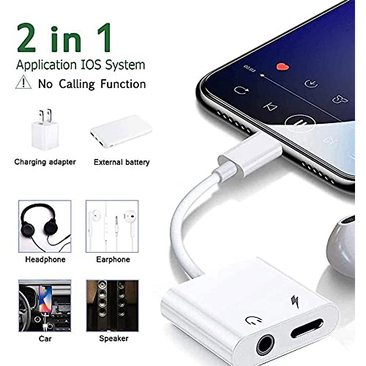 2 in 1 iPhone Headphones Adapter, [Apple MFi Certified] 2 Pack Lightning to 3.5mm Headphones Aux Audio + Charge Jack Adapter Dongle Splitter Compatible with iPhone14/13/12/11/SE/XS/XR/X/8/7