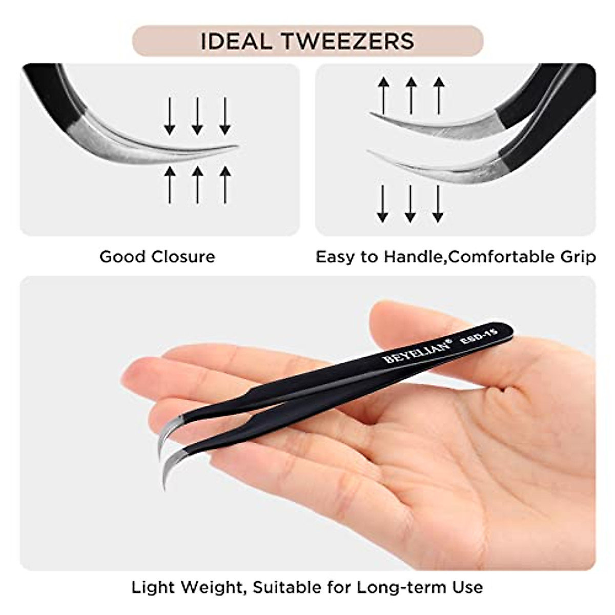 BEYELIAN Eyelash Extension Tweezers, Curved Tip Volume Lash Tweezers, Professional Lash Extension Tweezers, ESD-15