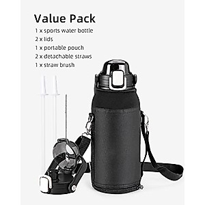 Topre 64 oz Insulated Water Bottle, Half Gallon Vacuum Double Walled Stainless Steel Large Metal Flask, Wide Mouth Jug with Handle Straw Auto Chug Lids,Keeps Cold & Hot for Sports Gym,Black