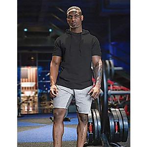 COOFANDY Men's Gym Hoodies Short Sleeve Cotton Athletic Workout Bodybuilding T Shirt Hooded Sweatshirt with Pocket Black