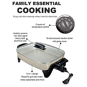 Ceramic Nonstick 16-inch Electric Skillets - Tempered Glass Cover with Stay Cool Handle, Esay Cleaning