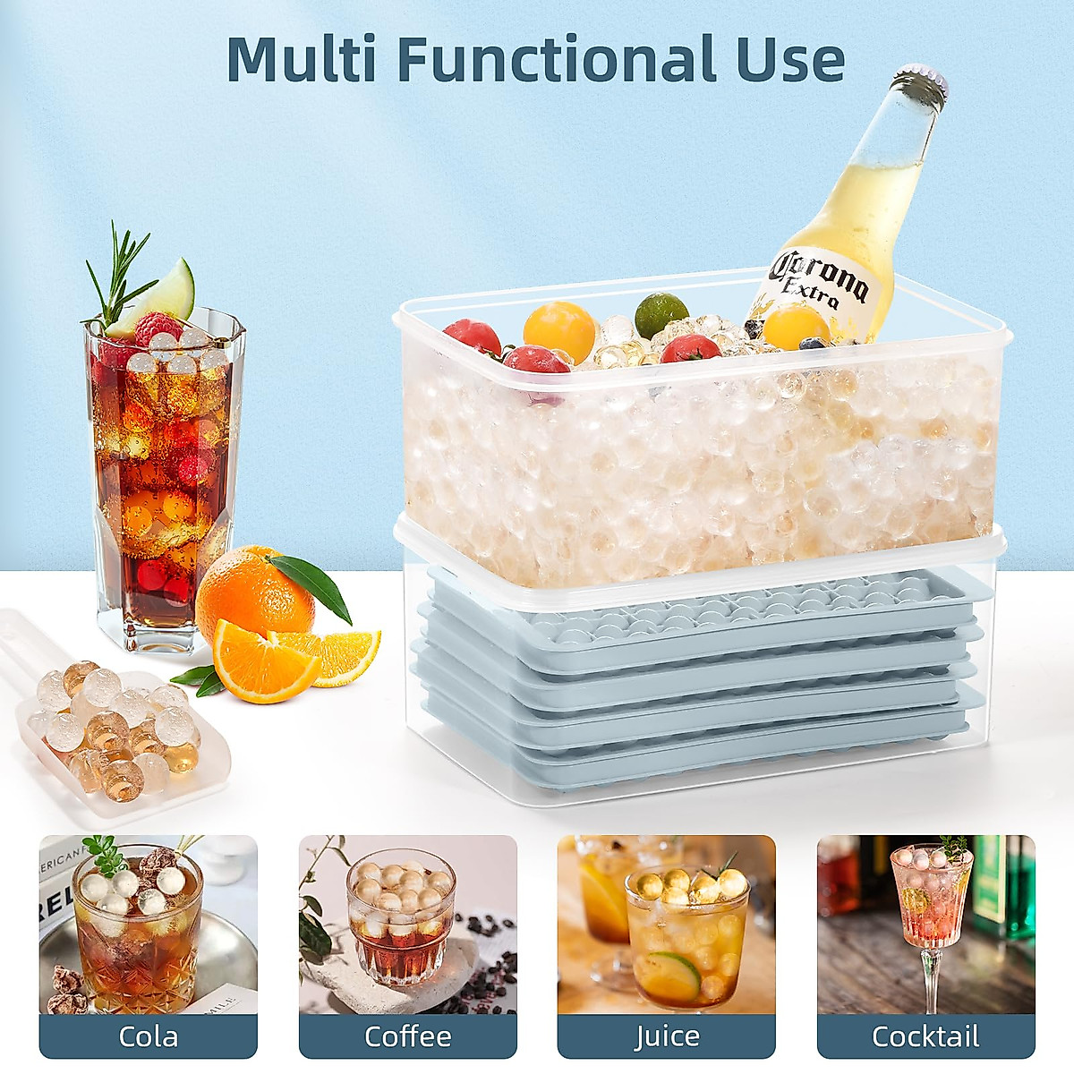 WIBIMEN Mini Ice Cube Trays, Upgraded Small Ice Cube Trays Easy Release, 104x4 PCS Tiny Ice Cube Tray Crushed Ice Tray for Chilling Drinks Coffee Juice(4Pack Blue Ice trays & Ice Bin & Ice Scoop)