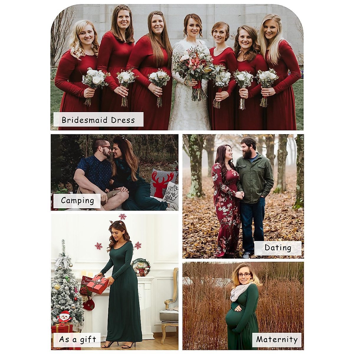 DEARCASE Maxi Dress for Women Purple Small Crewneck Long Sleeves Wedding Guest A-line Plain Casual Empire Waist Flowy Party Vintage Spring Fall Winter Floor Dresses with Pocket