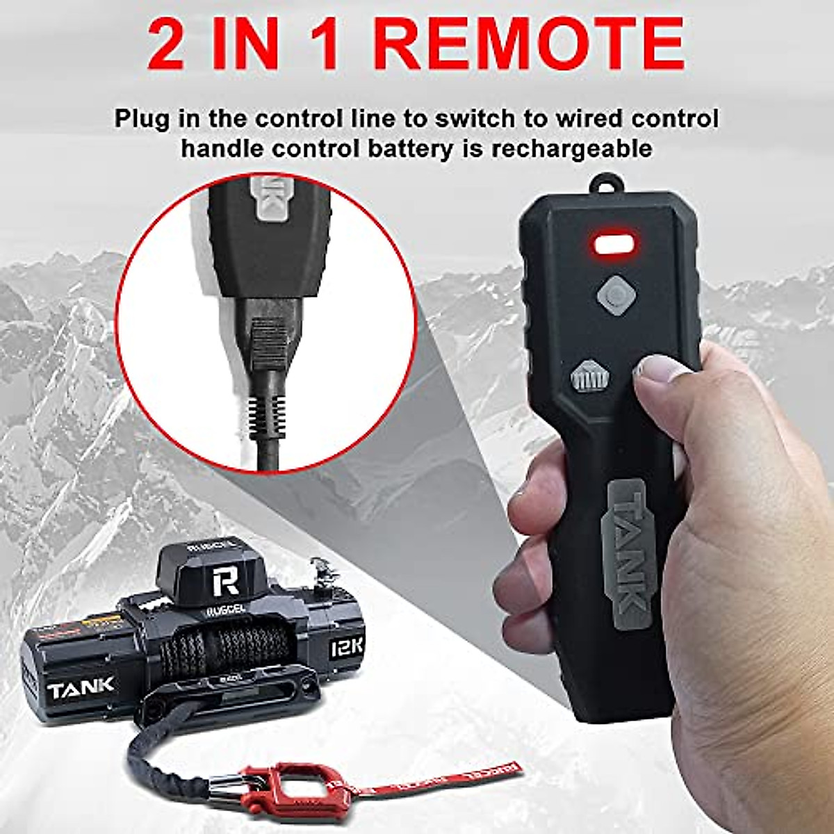 RUGCEL WINCH 12000lb New Waterproof Electric Synthetic Rope Winch 12V with Hawse Fairlead, 2 in 1 Wireless Remote,Black Rope，for Truck SUV