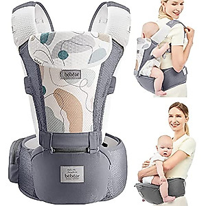 Bebamour Baby Carrier Newborn Front and Back Carry Baby Carrier Newborn to Toddler Baby Hip Carrier with Head Hood & 3 Pieces Teething Pads (Grey)