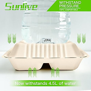 Sunlive 100% Home Compostable 50 Pack Disposable Clamshell Take Out Food Containers, 8X8'' 3-Compartment to go Containers, Biodegradable Heavy-Duty to go Boxes, Made of Sugarcane Fibers