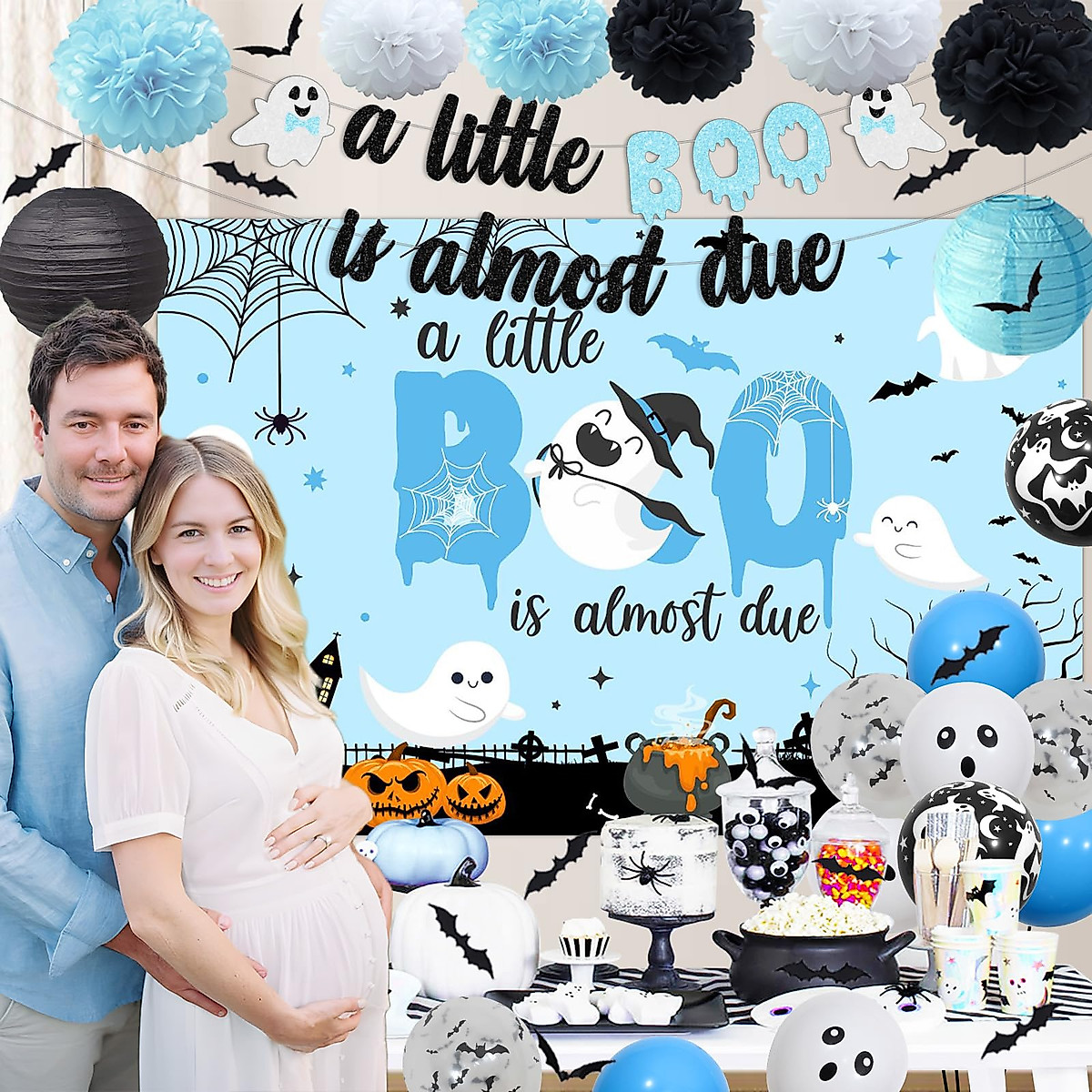 JOYMEMO Halloween Baby Shower Decorations Boy - A Little Boo is Almost Due Backdrop with Banner Blue and Black, Paper Lanterns Pom Poms, Bat Wall Stickers for Pregnancy Celebration Newborn Party